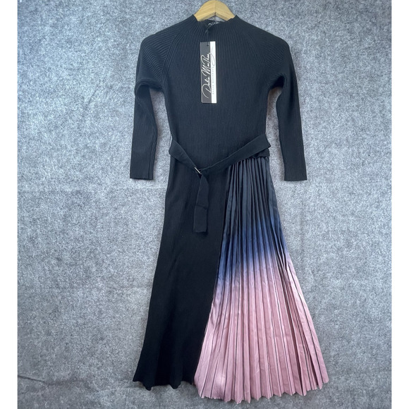 Dalia Macphee | Dresses | Dalia Macphee Sweater Dress Medium Black Pink Asymmetrical Pleated ...